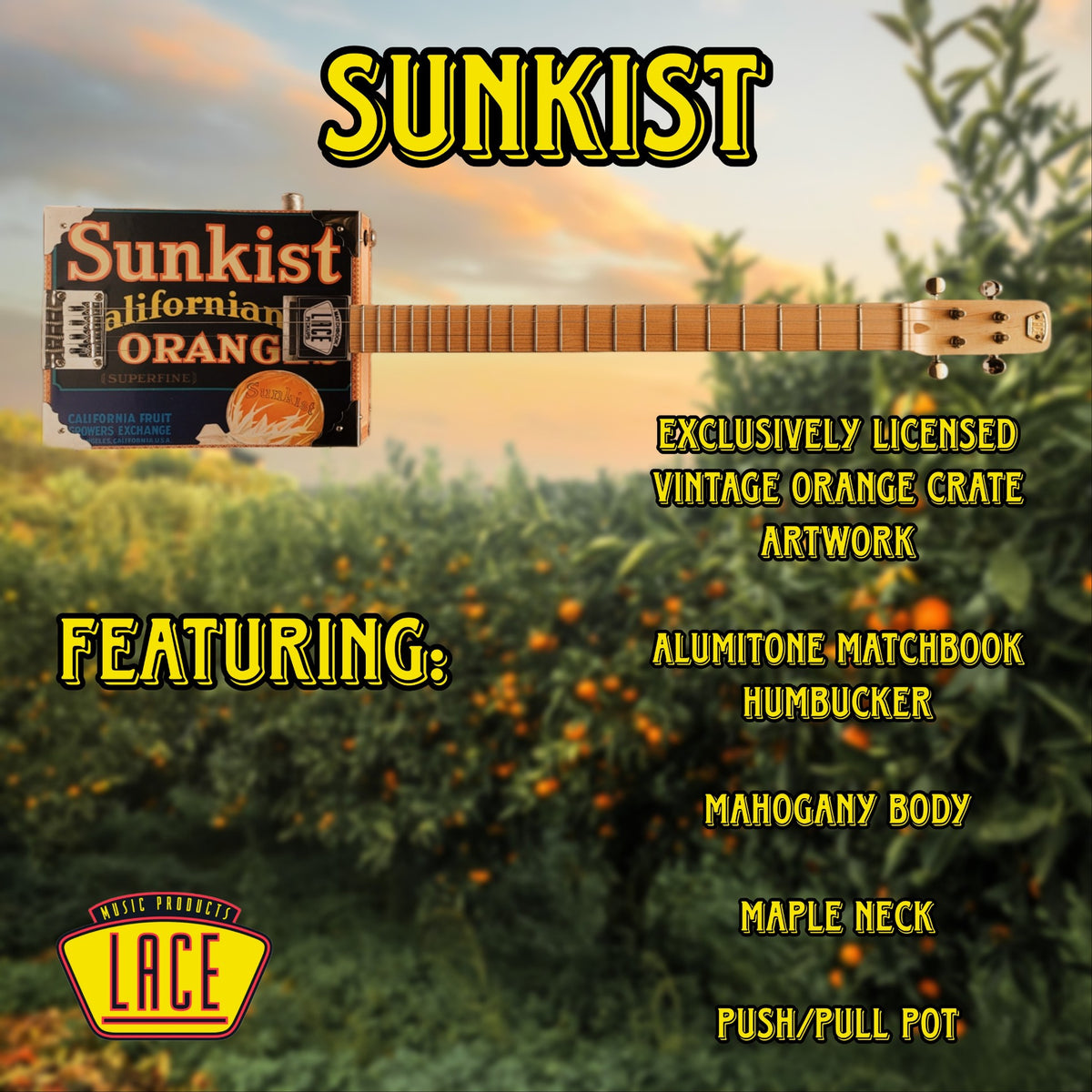 Sunkist Electric Cigar Box Guitar by Orange Crate (4 String) – Lace ...